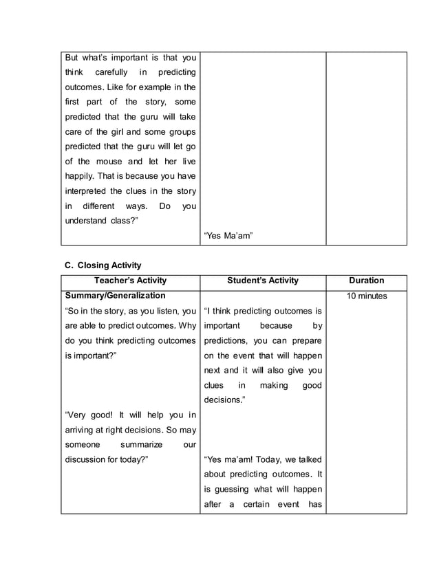 Detailed Lesson Plan in Teaching Listening and Speaking: Predicting ...