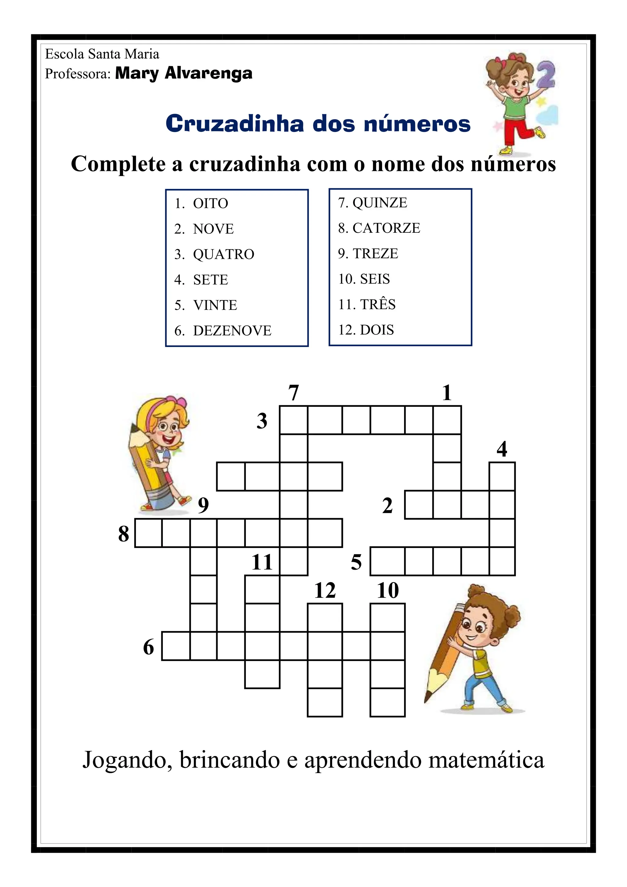 Atividade de matemática - Cruzadinha Numérica 1 a 20. | PDF