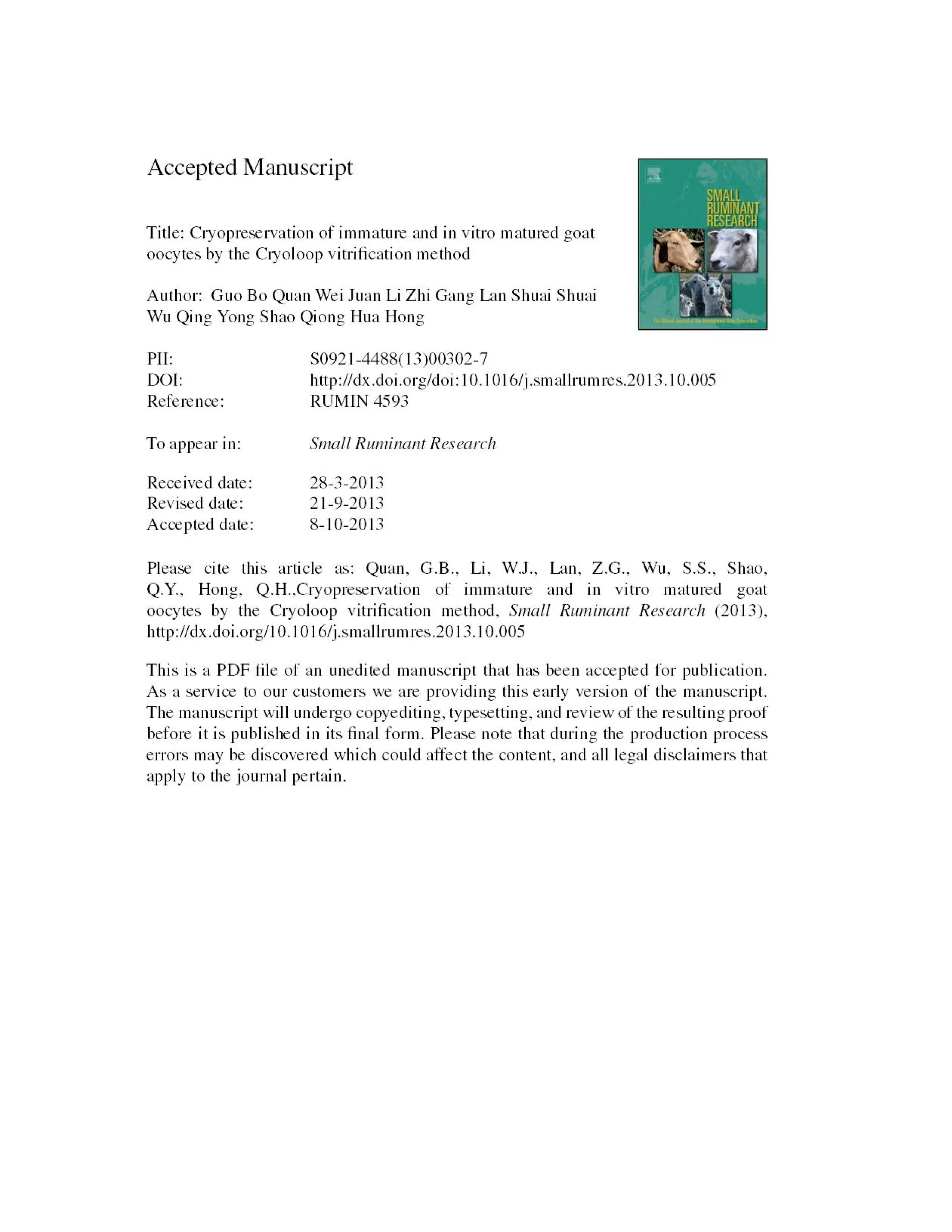 Cryopreservation of immature and in vitro matured goat oocytes by the ...