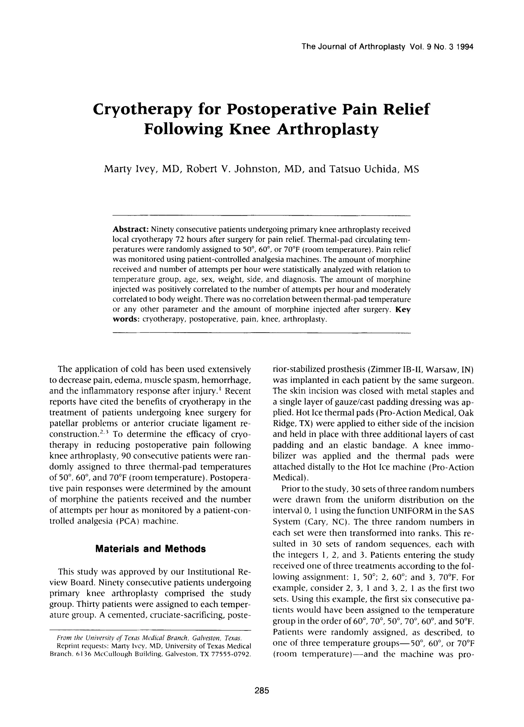 Cryotherapy for postoperative pain relief following knee arthroplasty | PDF