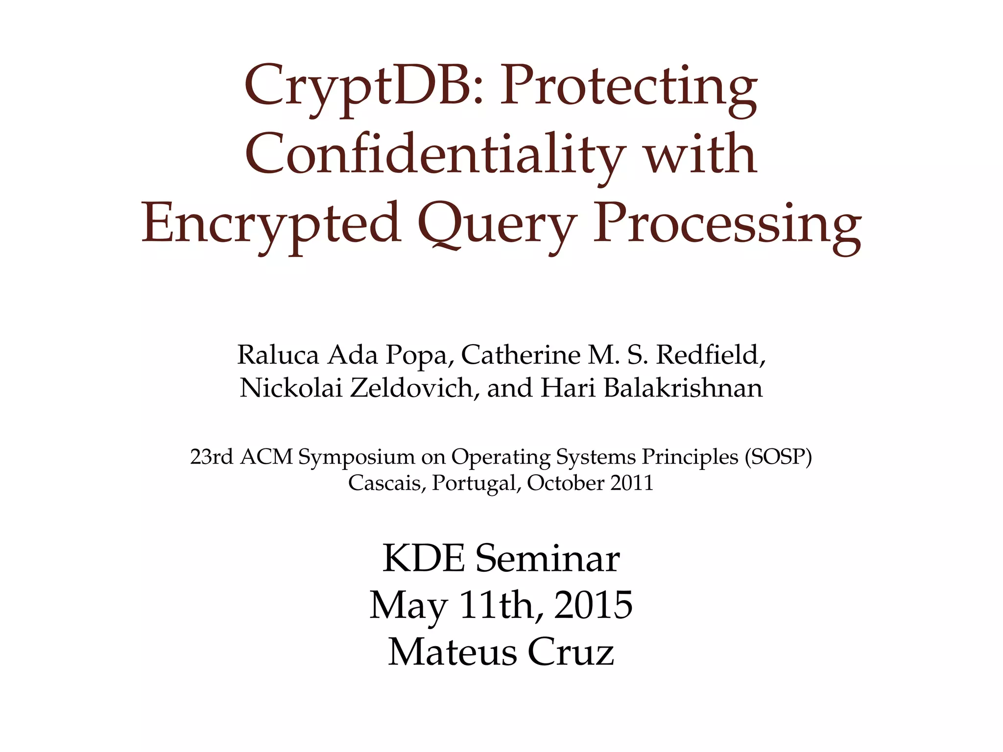 Overview of CryptDB | PDF | Databases | Computer Software and Applications