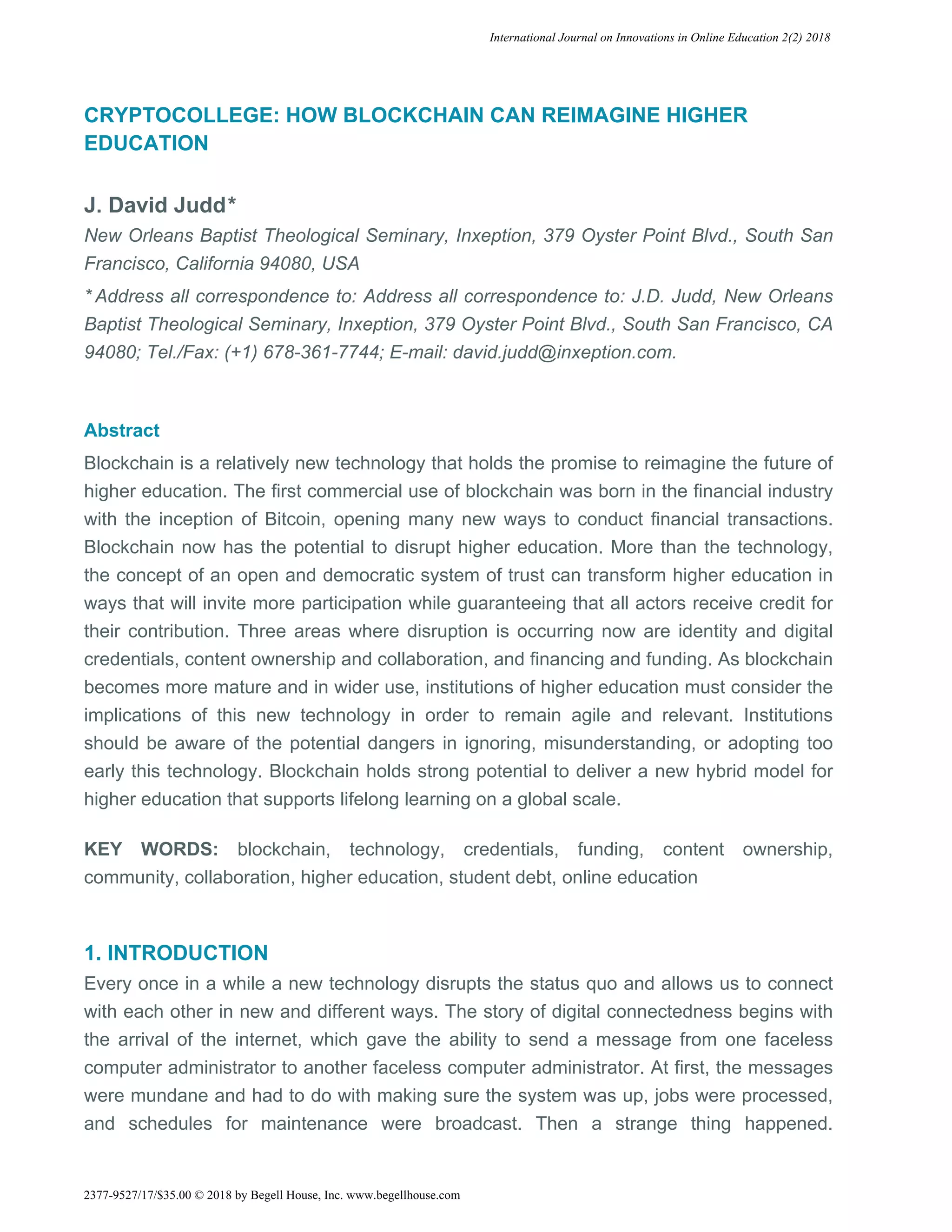 Cryptocollege how blockchain can reimagine higher education. J. David Judd | PDF