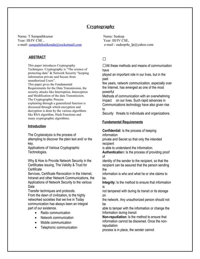 Cryptography full report | DOC | Information and Network Security | Computing