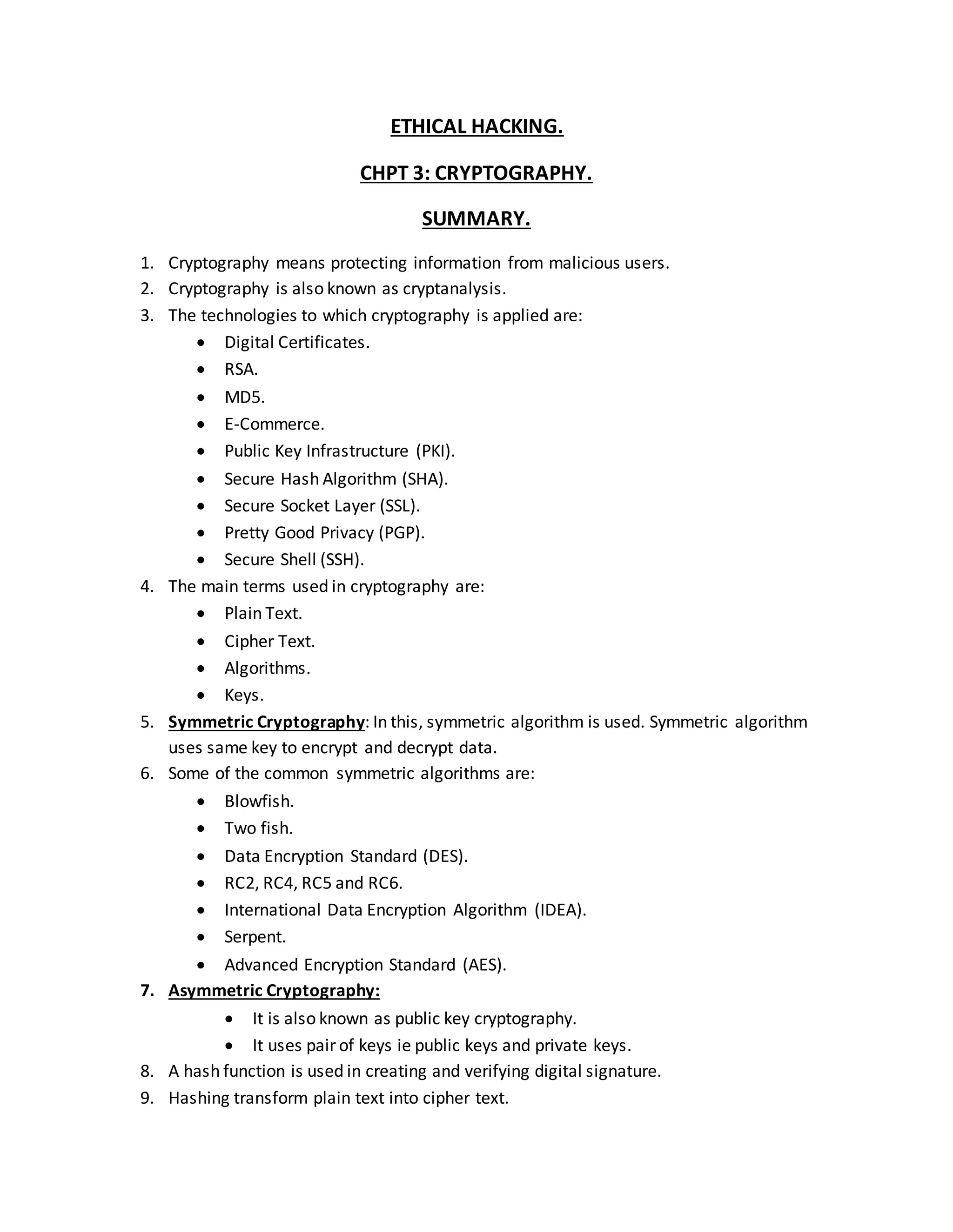 Cryptography summary | DOCX