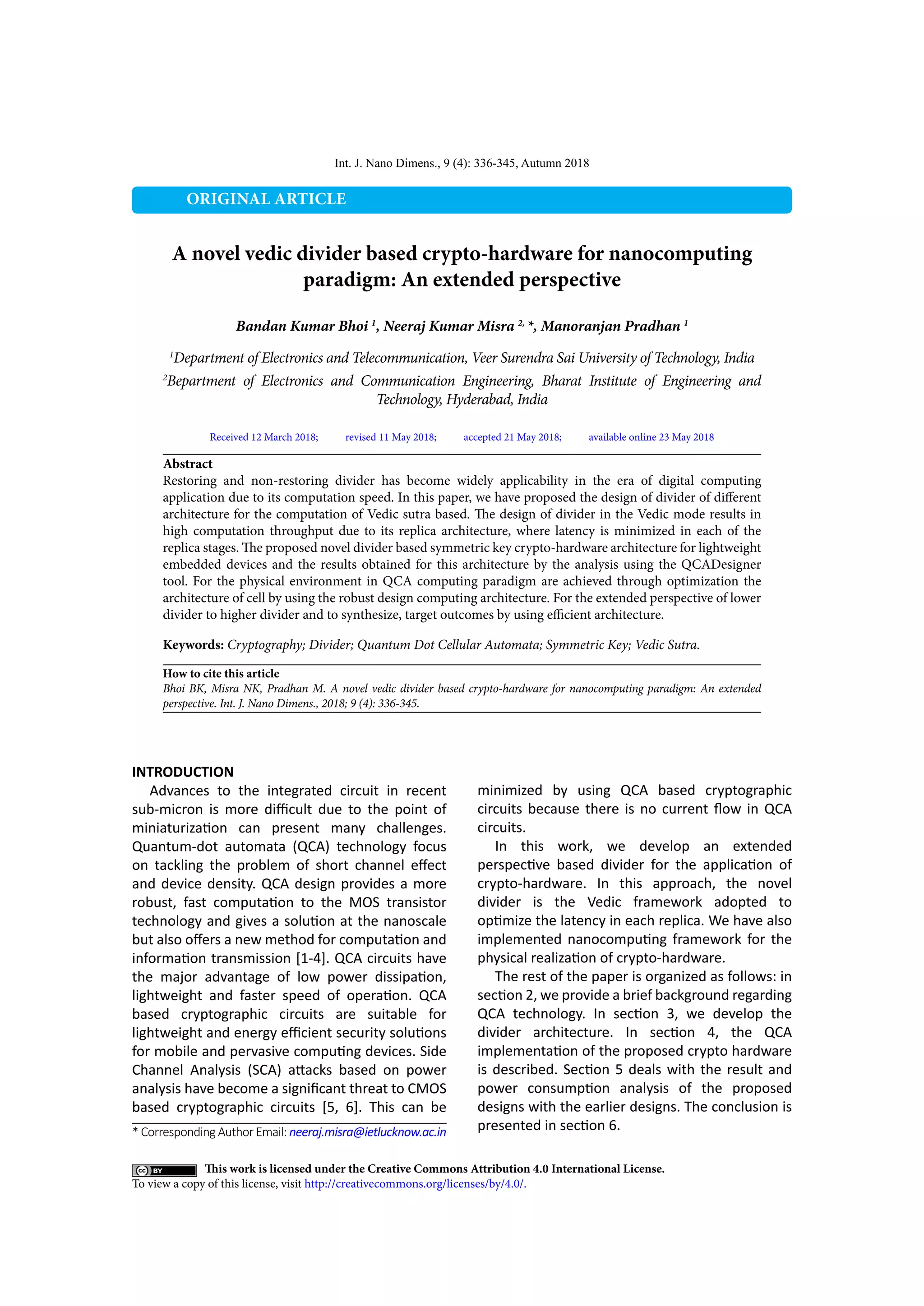 A novel vedic divider based crypto-hardware for nanocomputing paradigm: An extended perspective ...