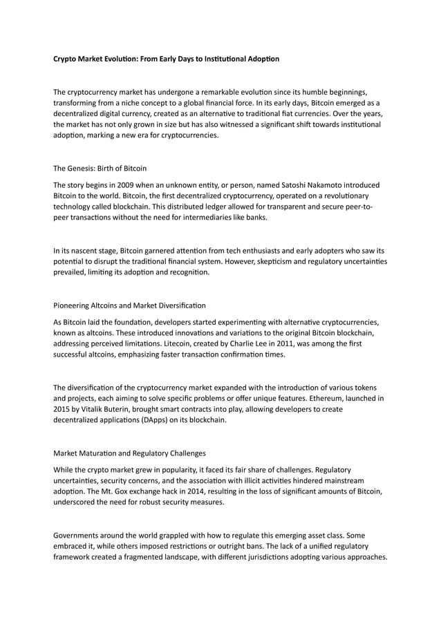 Crypto Market Evolution: From Early Days to Institutional Adoption | PDF