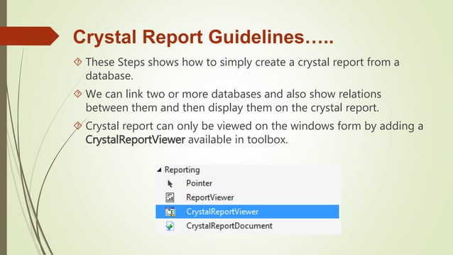 Crystal report | PPTX | Databases | Computer Software and Applications