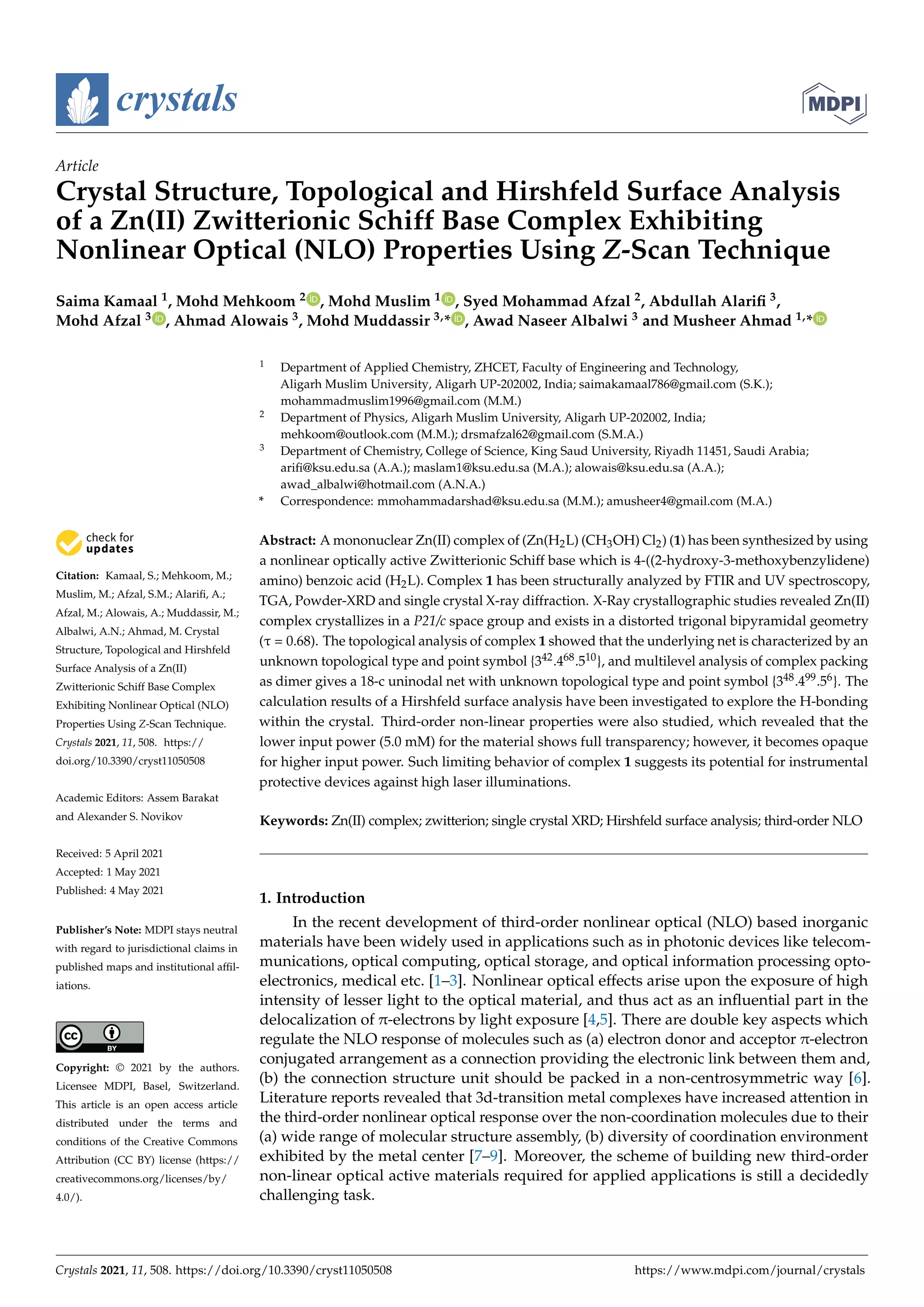 Crystal Structure, Topological and Hirshfeld Surface Analysis of a Zn(II) Zwitterionic Schiff ...