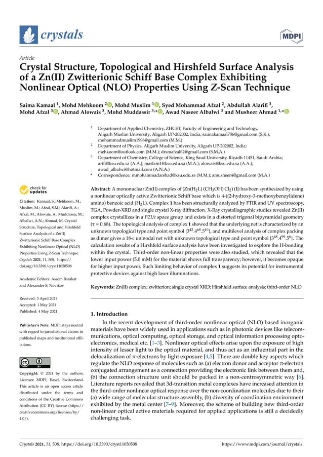 Crystal Structure, Topological and Hirshfeld Surface Analysis of a Zn(II) Zwitterionic Schiff ...