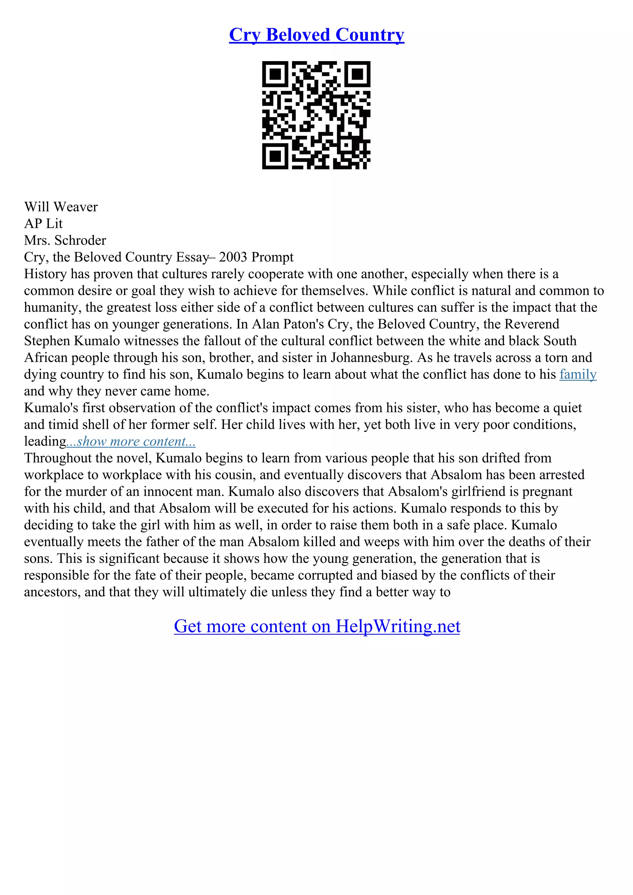 Cry The Beloved Country Essays | PDF