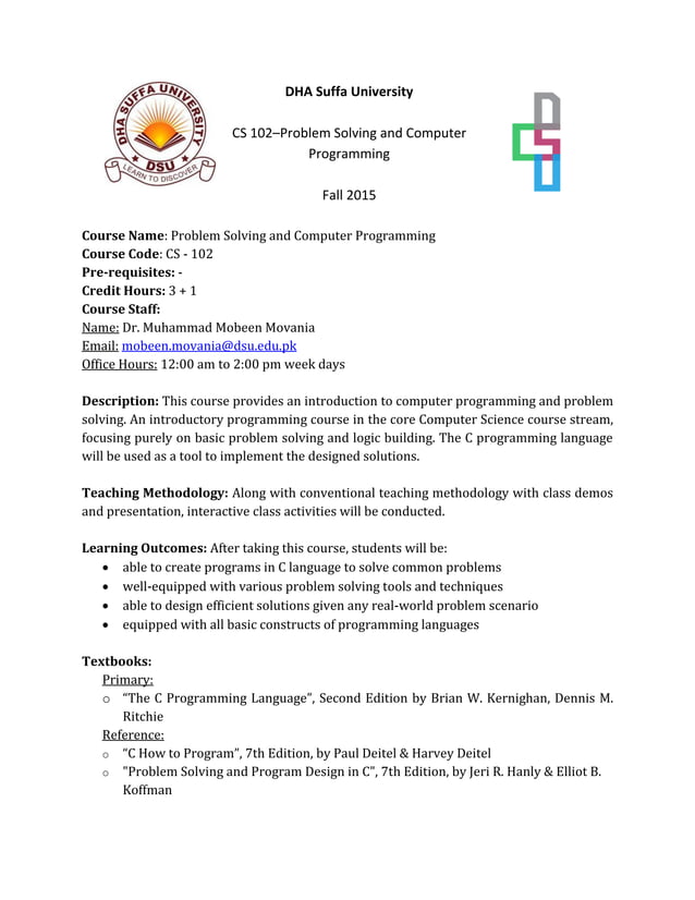 Cs102 course outline | PDF | Programming Languages | Computing