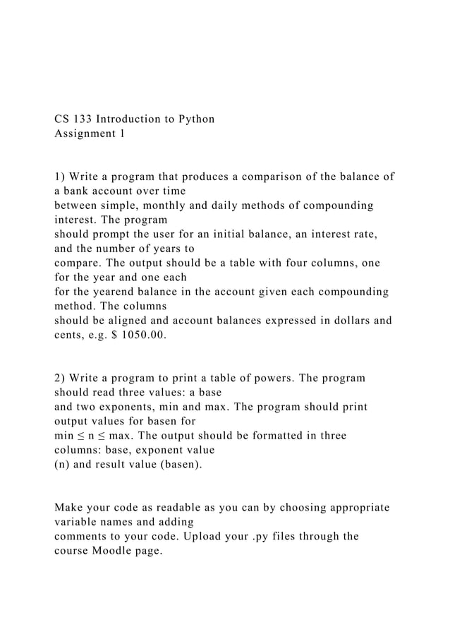 Cs 133 Introduction To Python Assignment 1 1 Write A Docx 