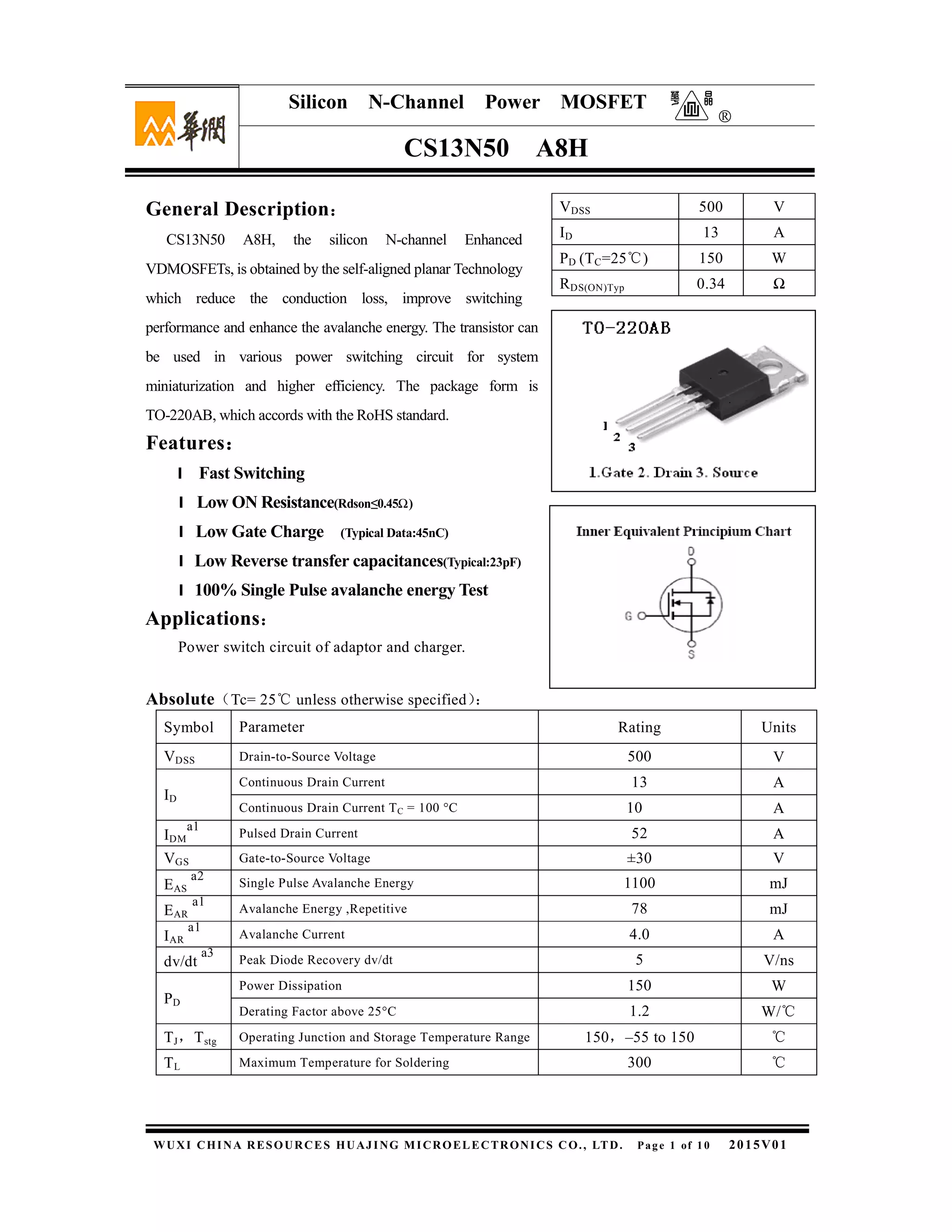 Original N-Channel Mosfet CS13N50 13N50 500V 13A TO-220 New | PDF
