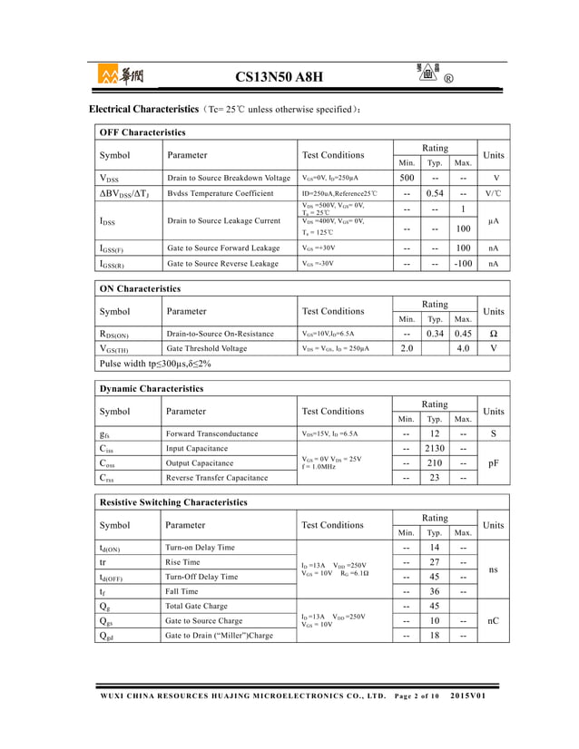 Original N-Channel Mosfet CS13N50 13N50 500V 13A TO-220 New | PDF