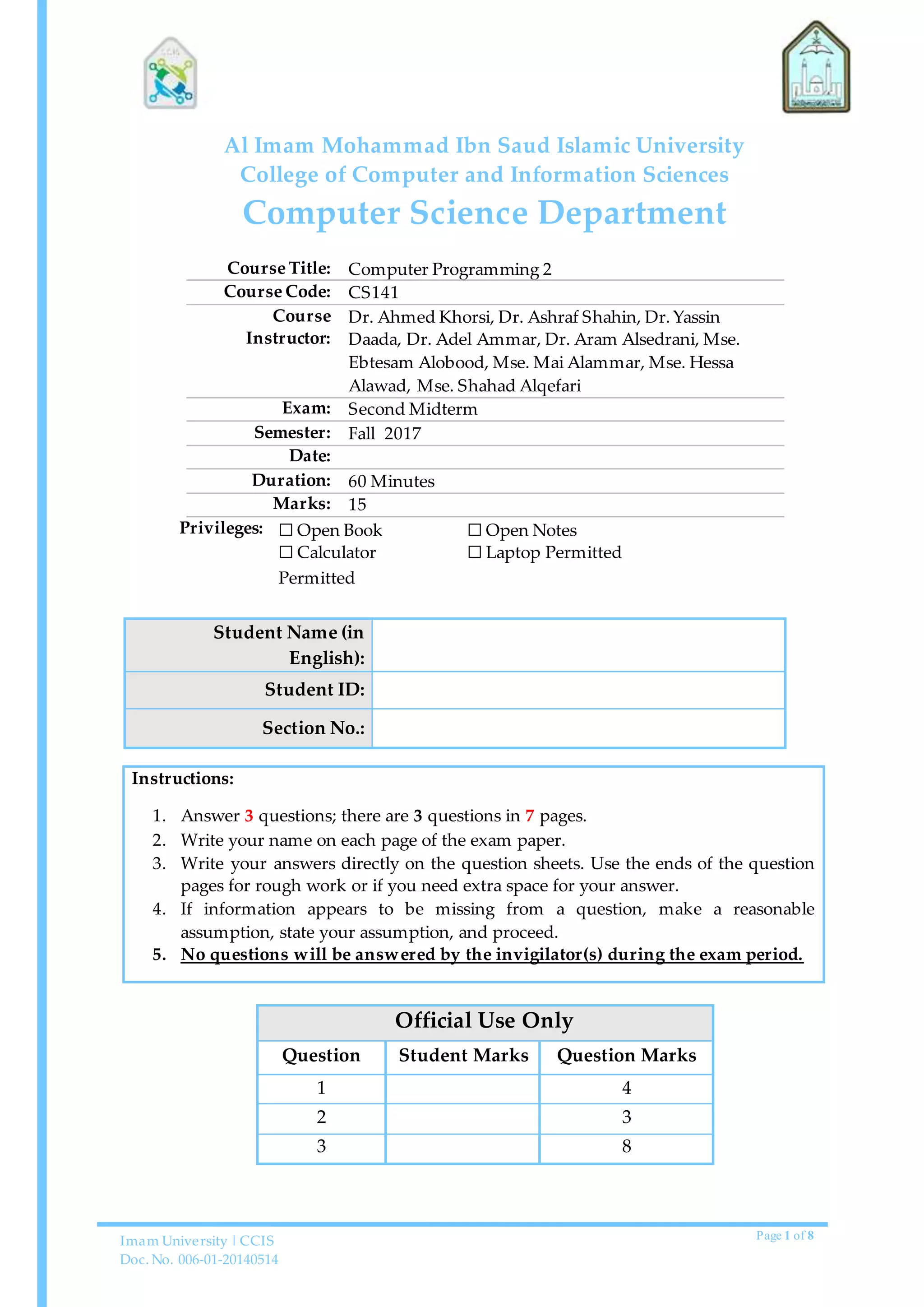 Cs141 mid termexam2_fall2017_v1.1 | DOCX | Programming Languages | Computing