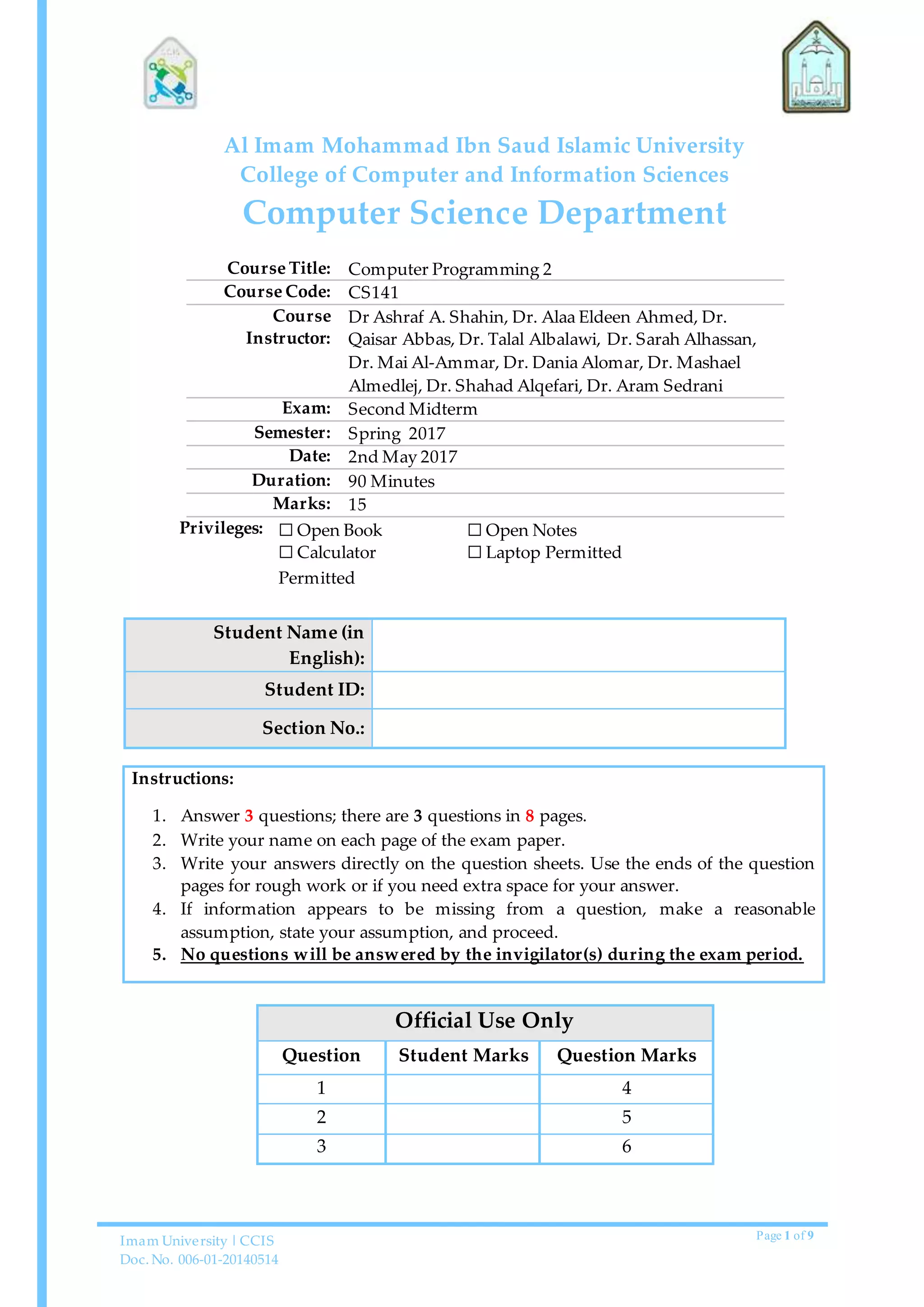 Cs141 mid termexam2_v1 | DOCX | Programming Languages | Computing