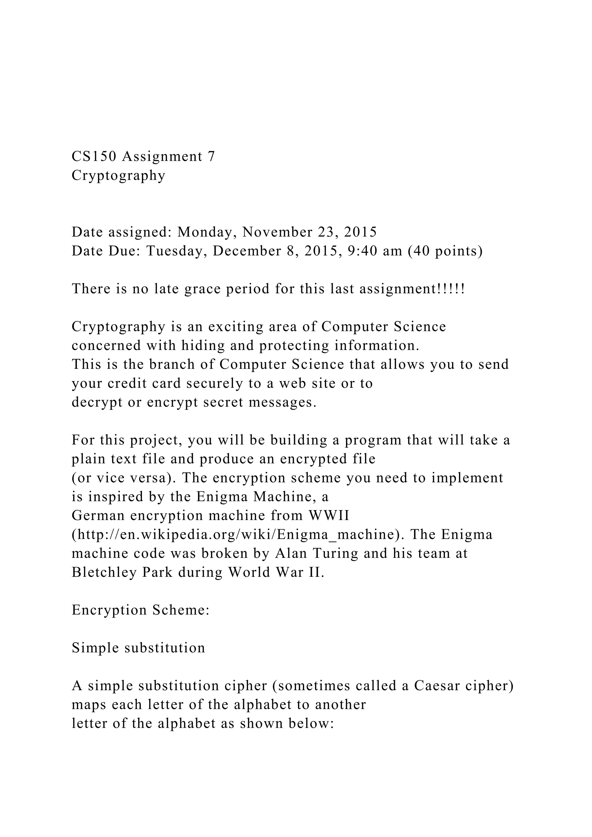 CS150 Assignment 7 Cryptography Date assigned Monday.docx | Web Development | Internet