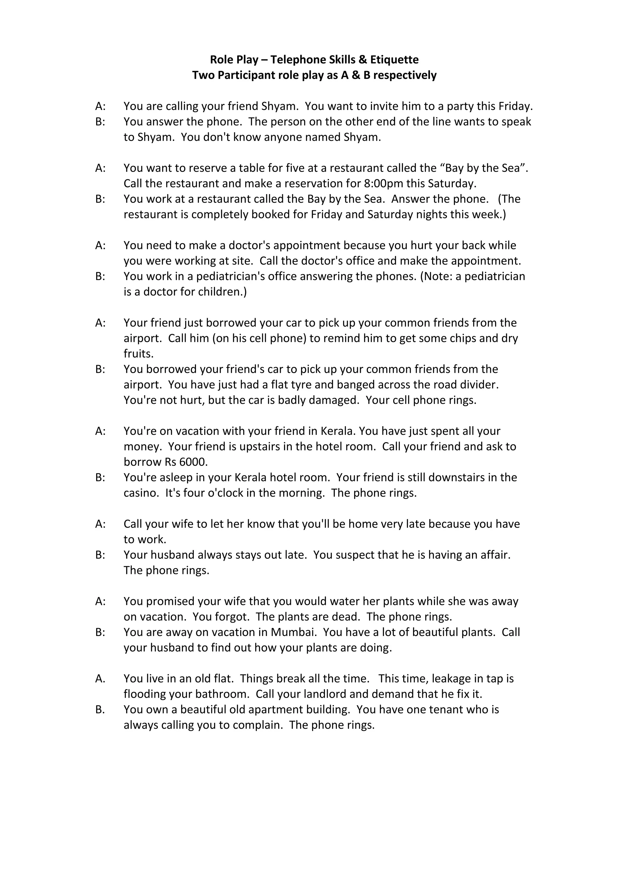 Telephone Skills and Etiquette Role Play | DOCX