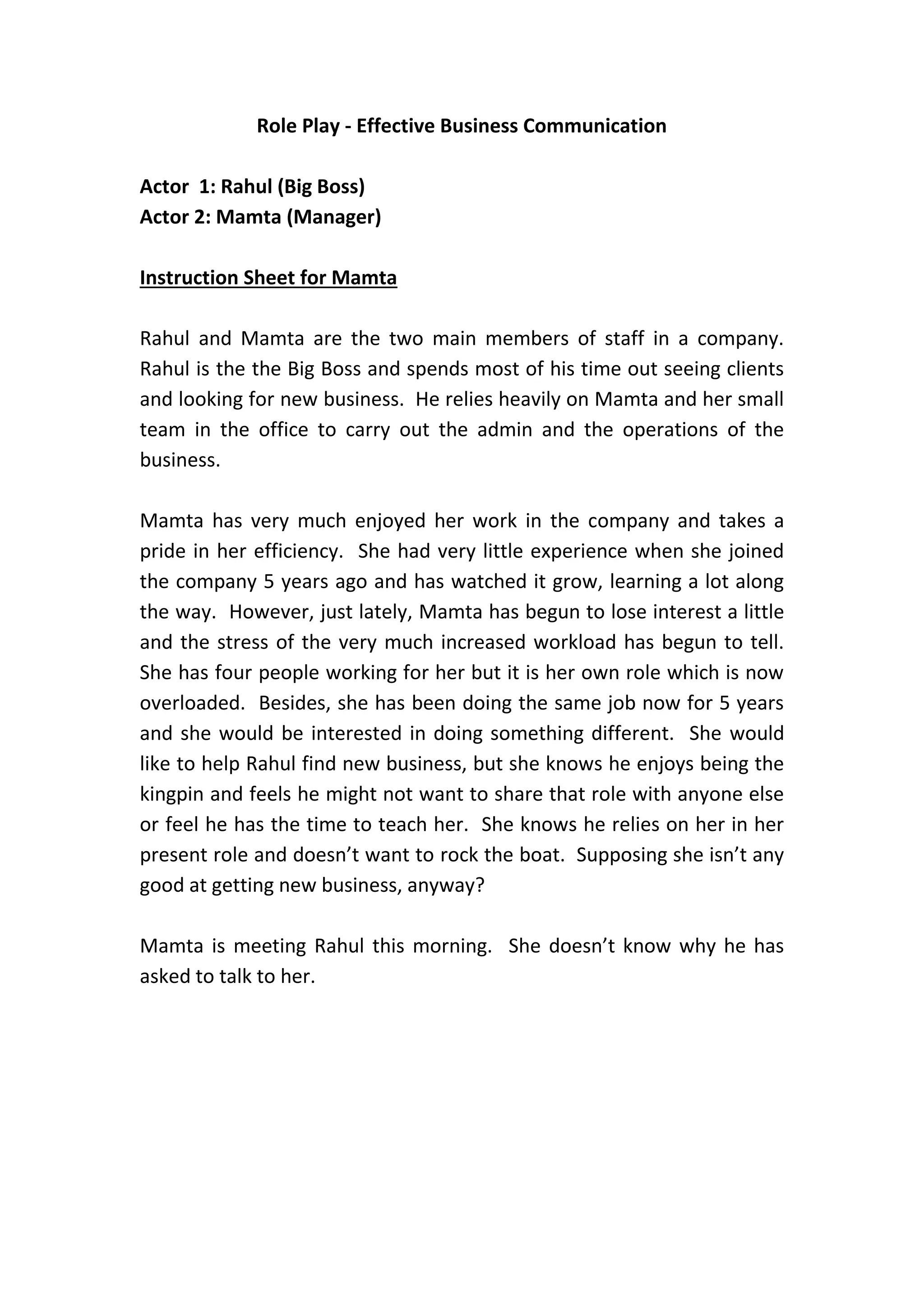 Business Communication - Big Boss Manager Role Play | DOCX