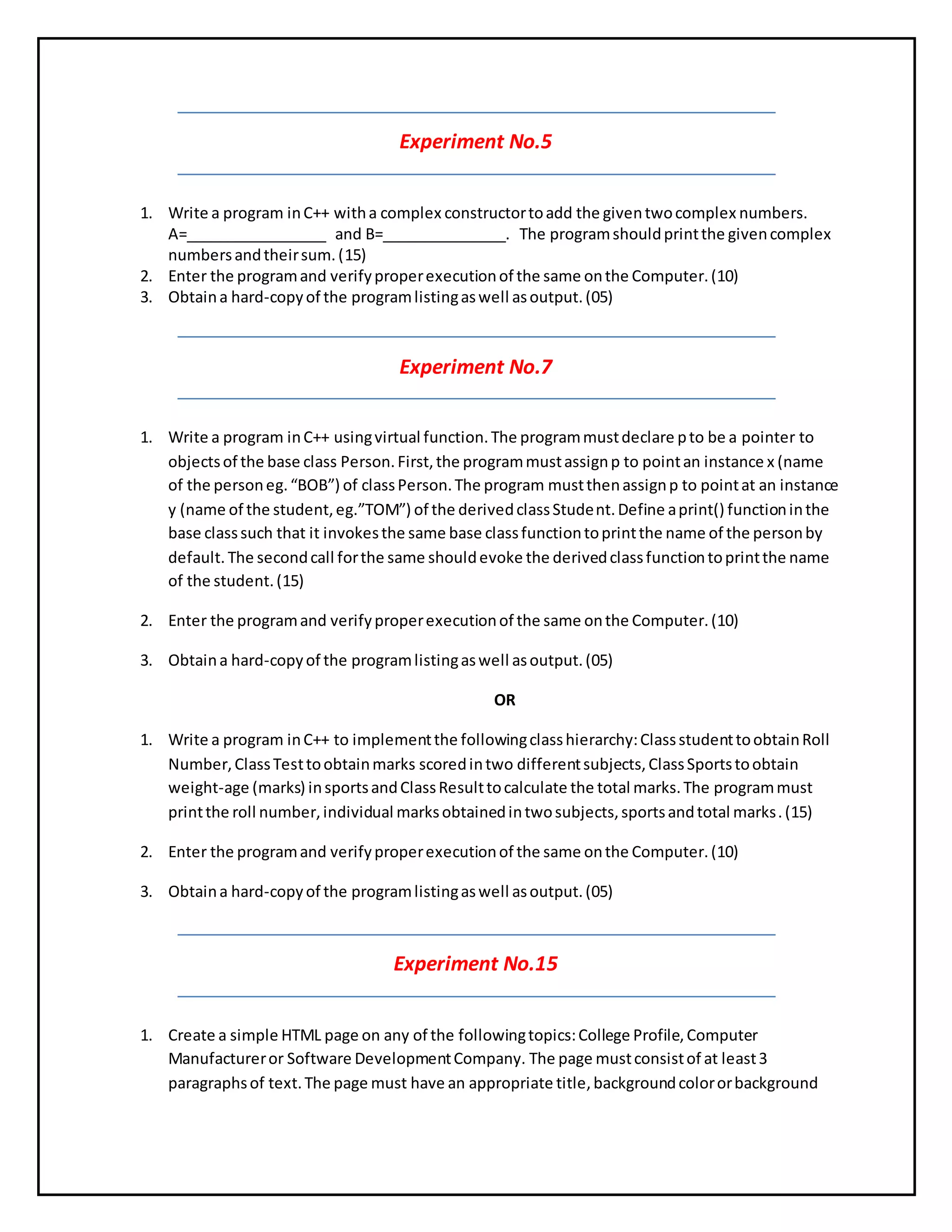 HSc Computer Science Practical Slip for Class 12 | DOCX