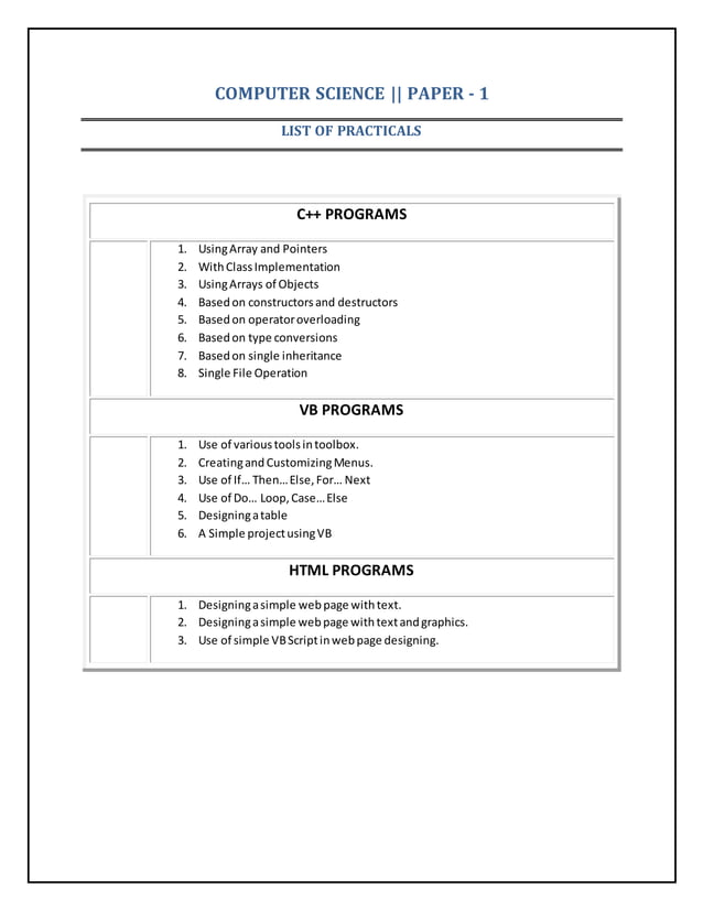 HSc Computer Science Practical Slip for Class 12 | DOCX