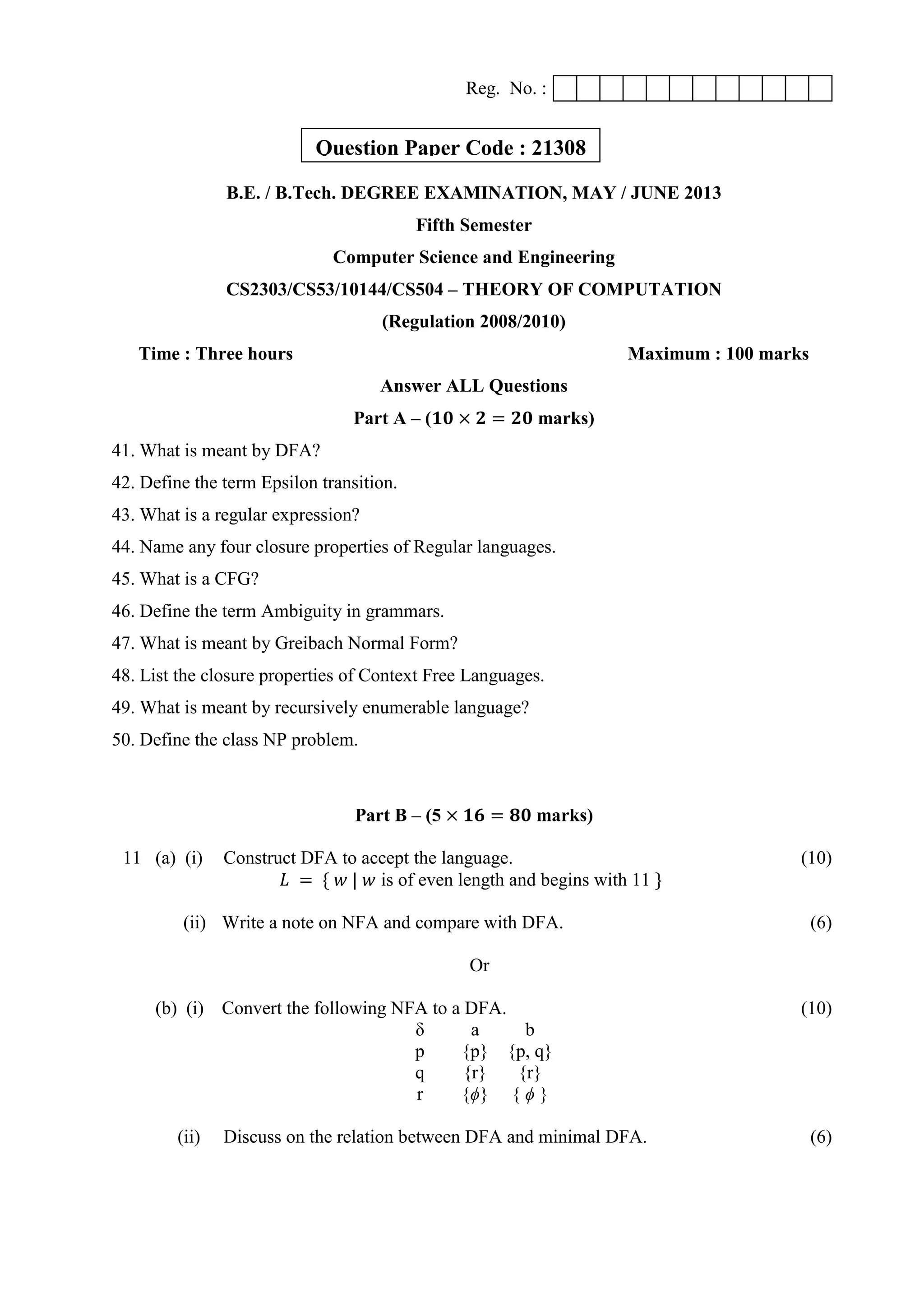 Cs2303 theory of computation all anna University question papers | PDF
