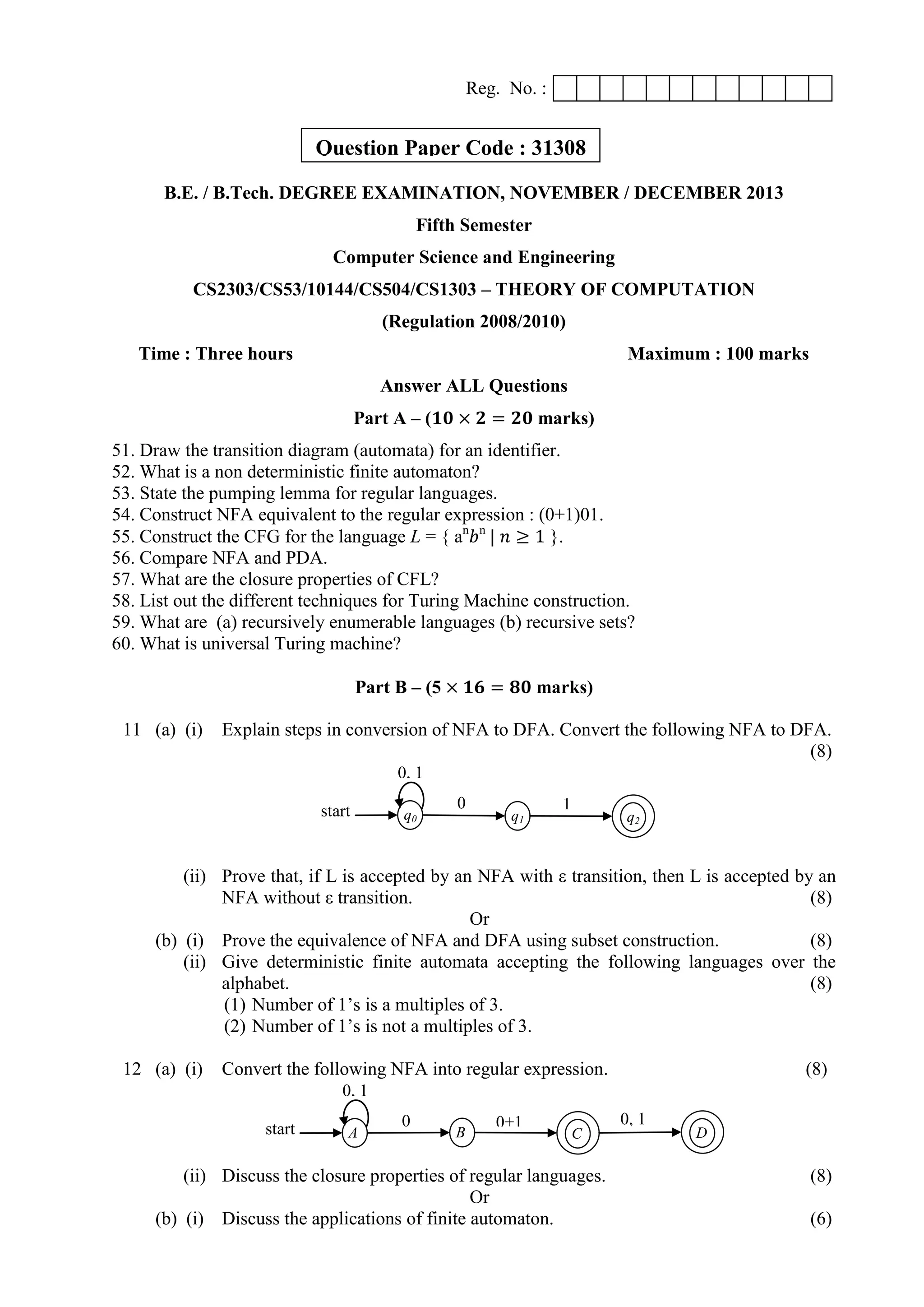 Cs2303 theory of computation all anna University question papers | PDF
