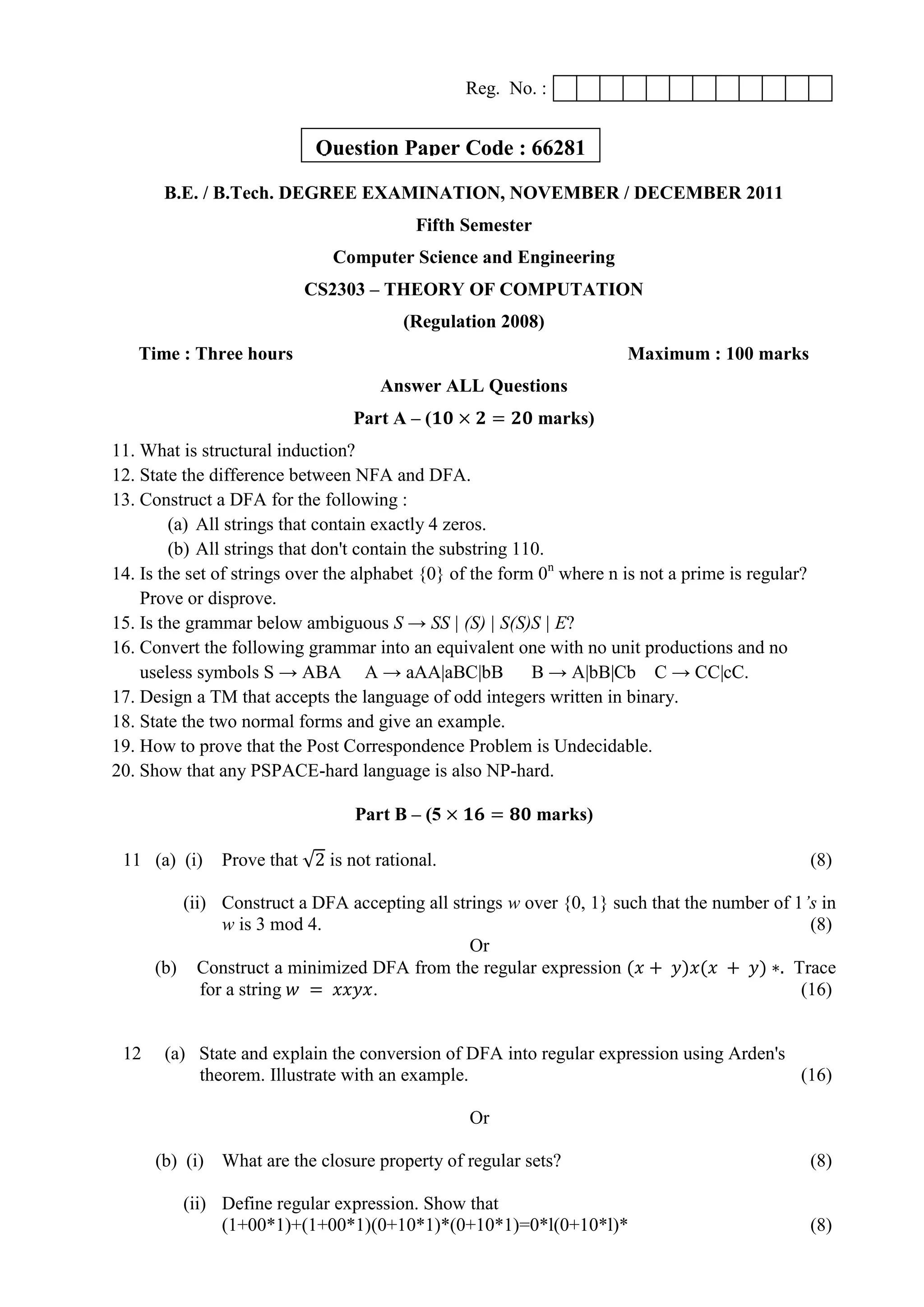 Cs2303 theory of computation all anna University question papers | PDF