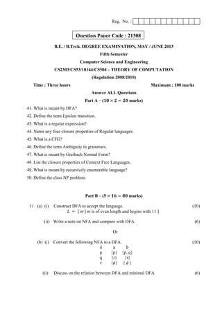 Cs2303 theory of computation all anna University question papers | PDF