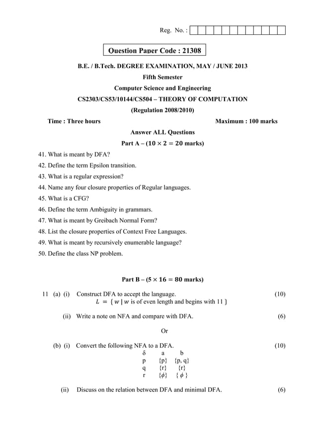 Cs2303 theory of computation all anna University question papers | PDF | Programming Languages ...