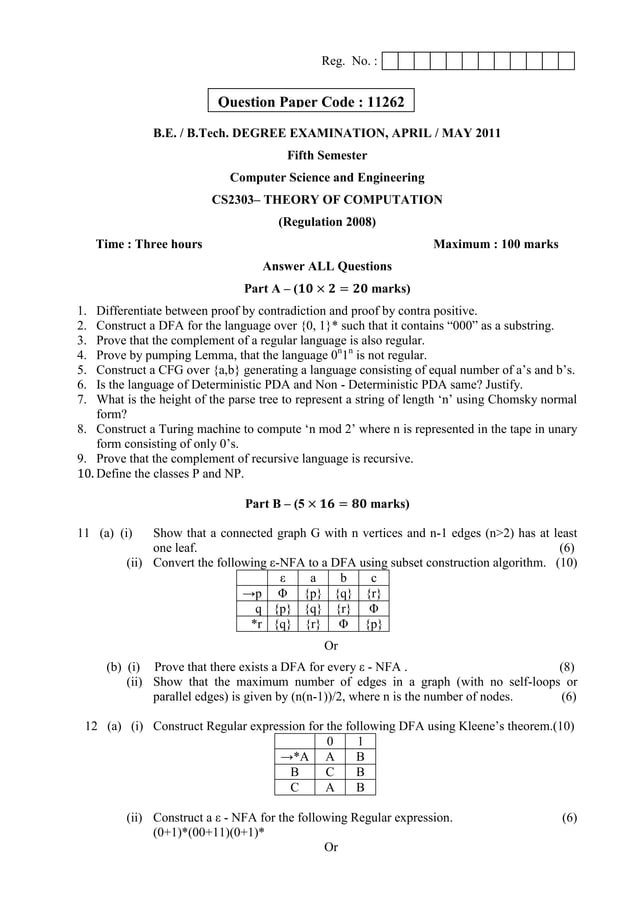 Cs2303 theory of computation all anna University question papers | PDF | Programming Languages ...