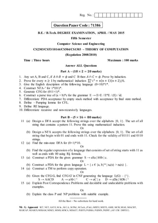 CS2303 Theory of computation April may 2015 | PDF
