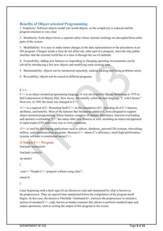 CS305PC_C++_UNIT 1 notes jntuh third semester | PDF