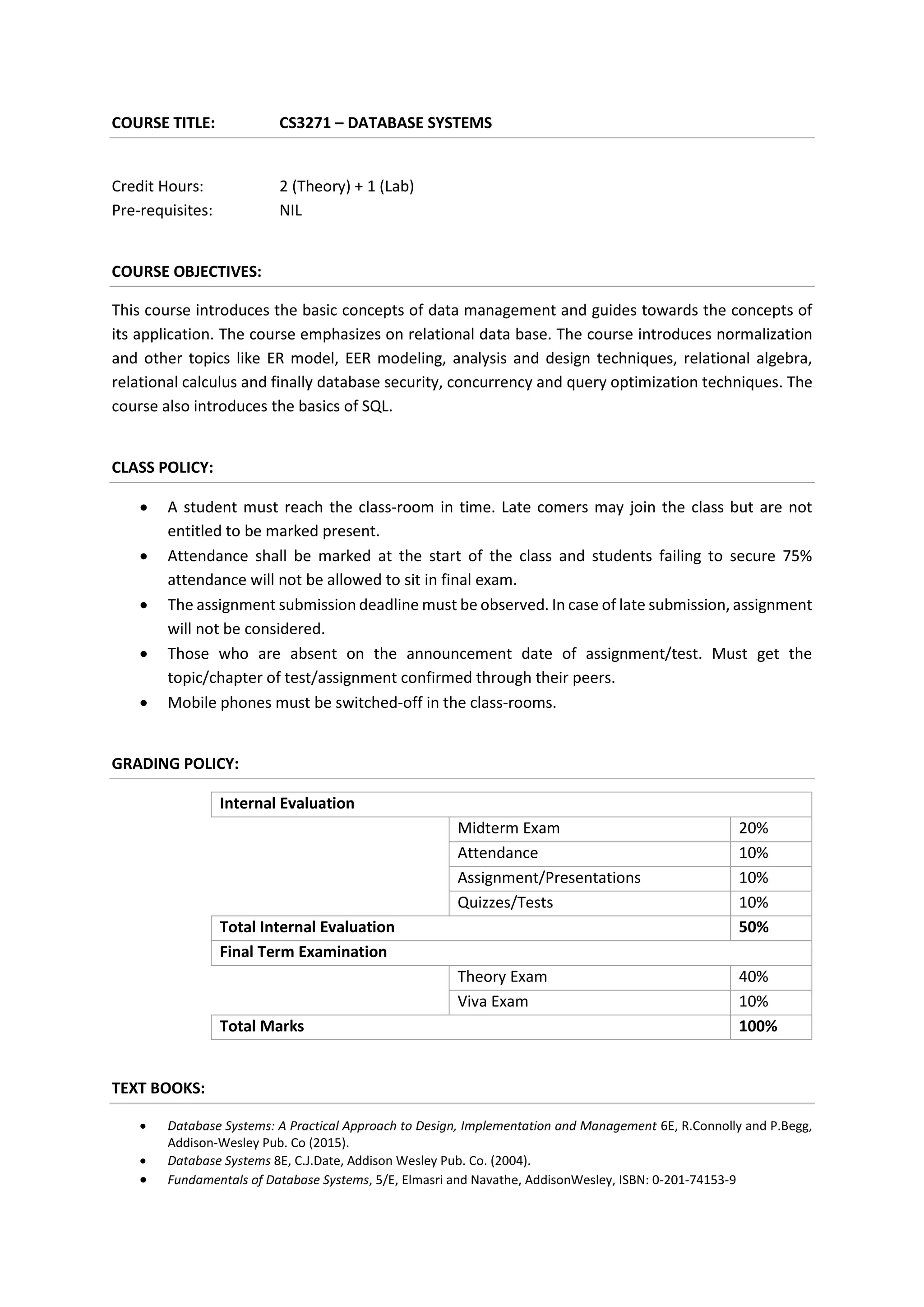 CS3270 – Database Systems Course Outline | PDF