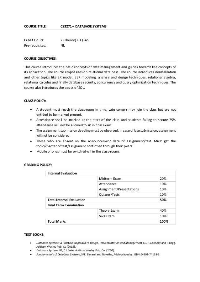 CS3270 – Database Systems Course Outline CS3270 – Database Systems Course Outline