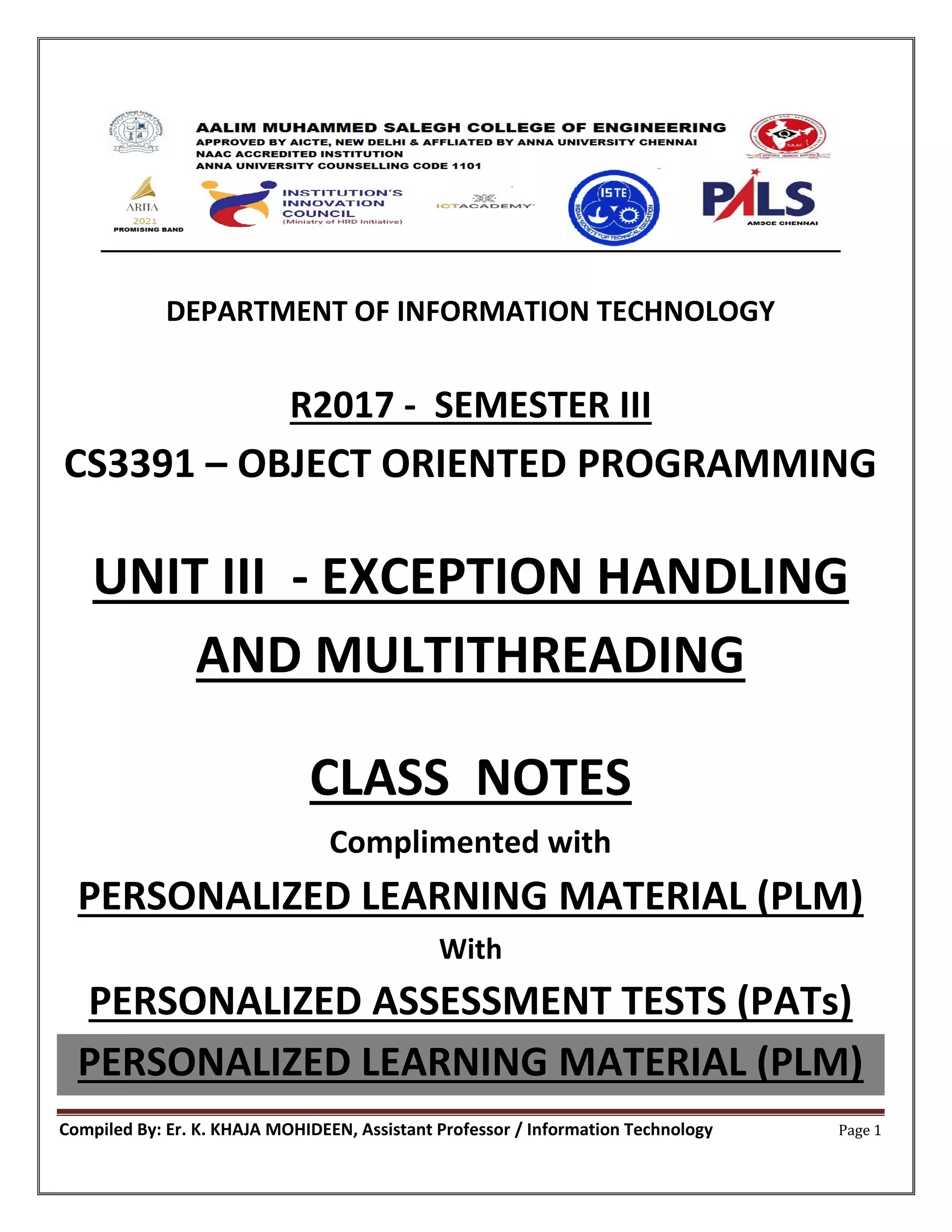 CS3391 -OOP -UNIT – III NOTES FINAL.pdf CS3391 -OOP -UNIT – III NOTES FINAL.pdf