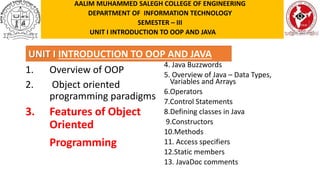 CS3391 OOP UT-I T3 FEATURES OF OBJECT ORIENTED PROGRAMMING | PPT