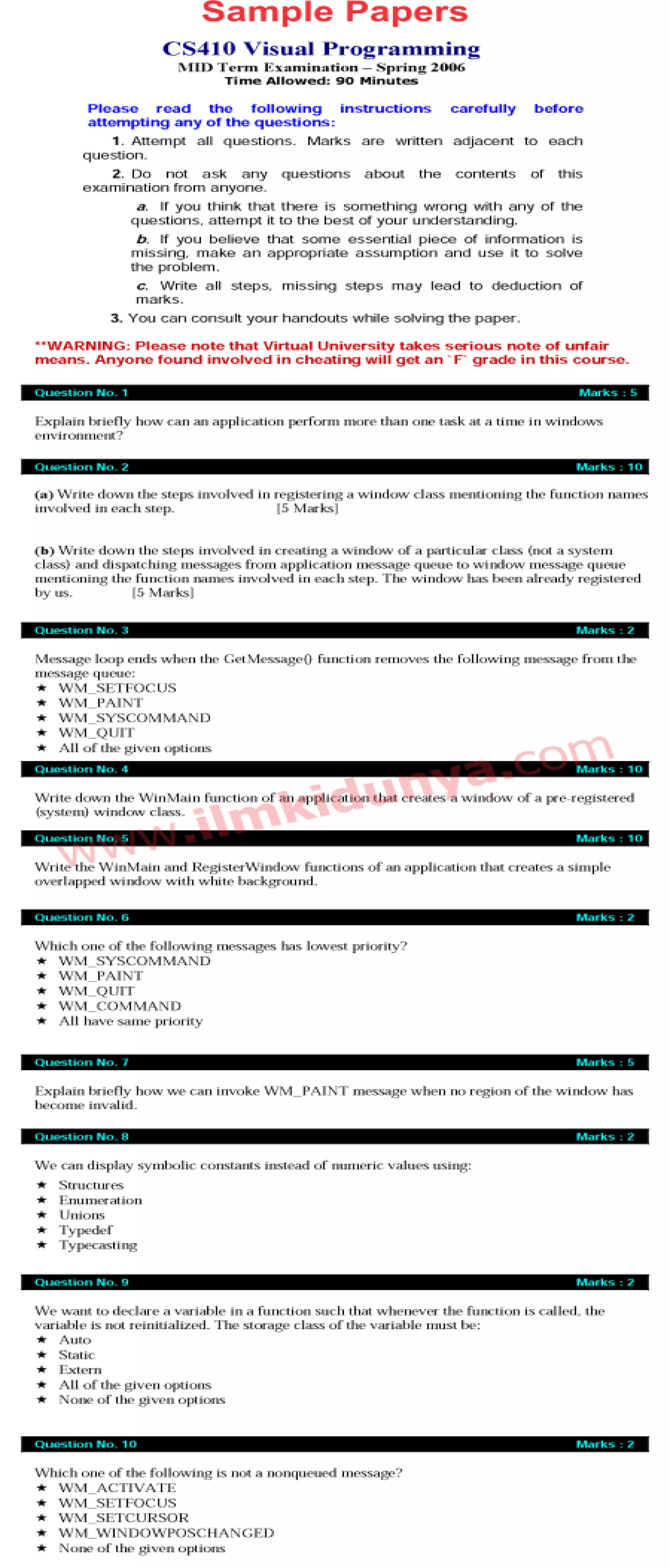 CS410 Visual Programming Master of Information Technology VU University Past Papers 2006 Mid ...
