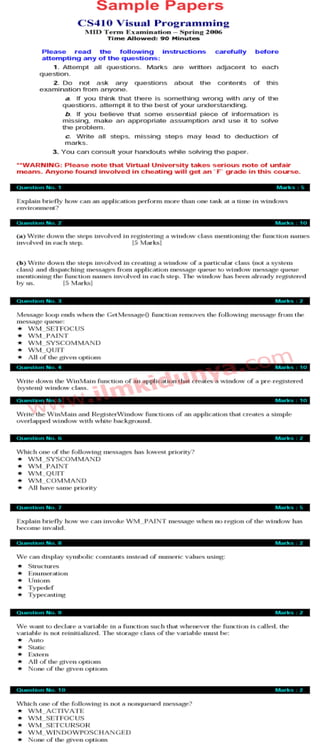 CS410 Visual Programming Master of Information Technology VU University Past Papers 2006 Mid ...