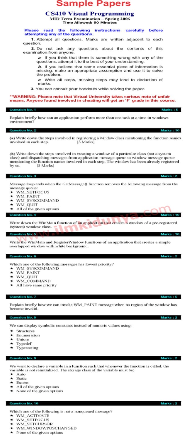 CS410 Visual Programming Master of Information Technology VU University Past Papers 2006 Mid ...