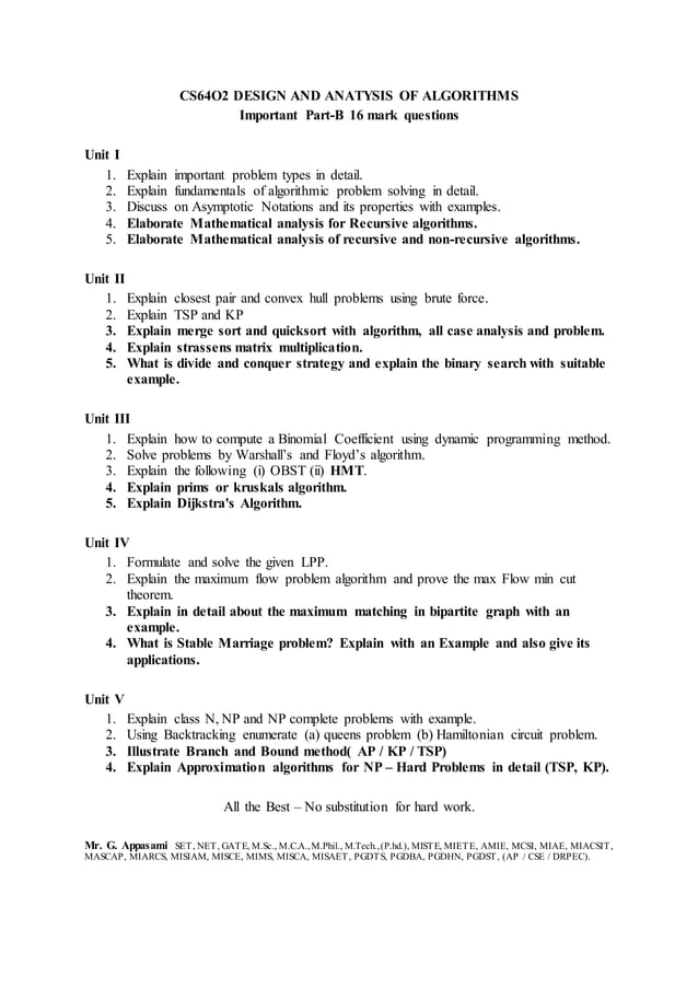Cs6402 design and analysis of algorithms impartant part b questions appasami | PDF