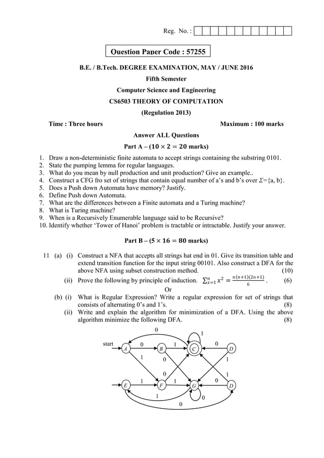 Cs6503 theory of computation may june 2016 be cse anna university question paper | PDF