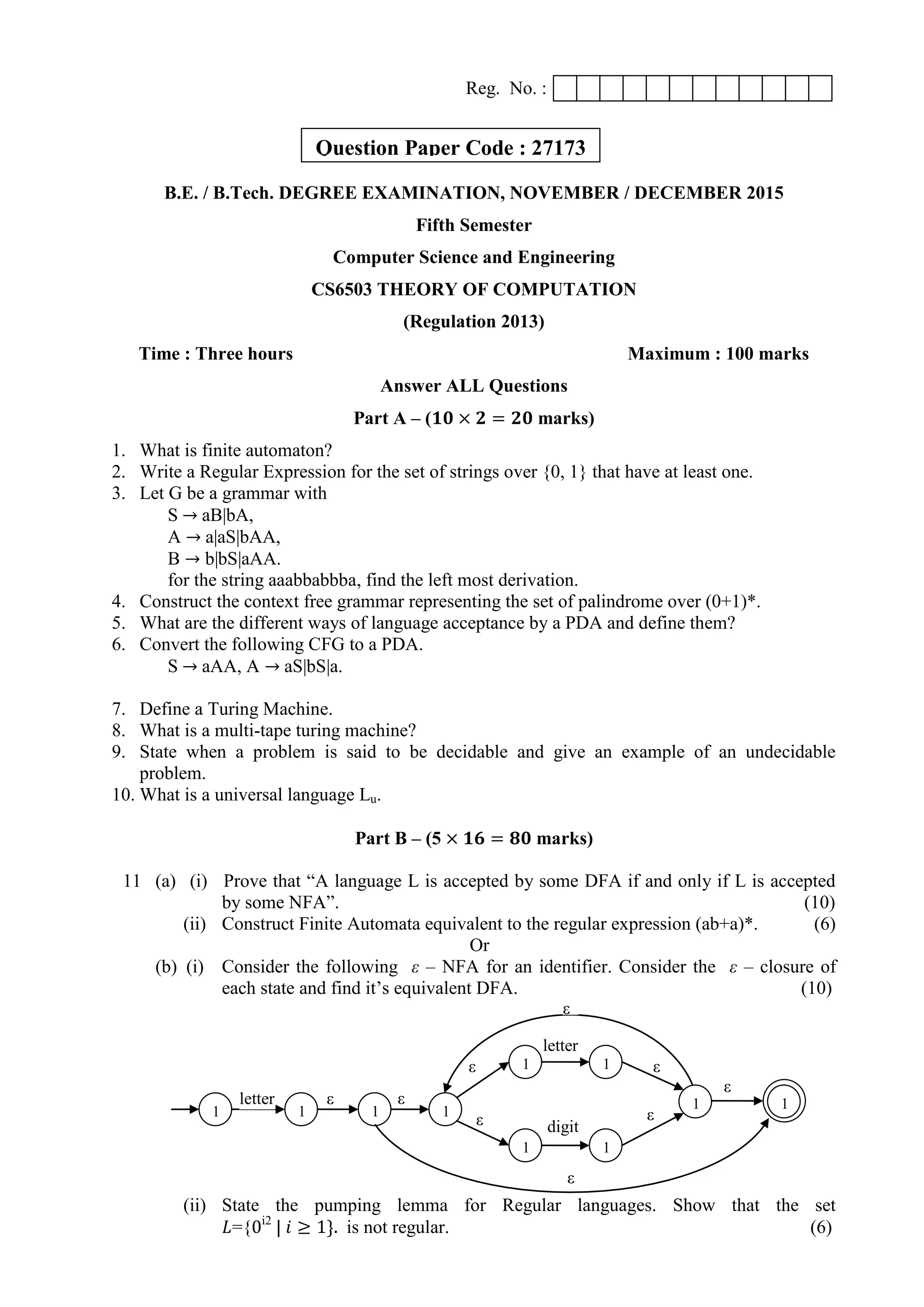 Cs6503 Theory Of Computation November December 2015 Be Cse Anna University Question Paper Pdf