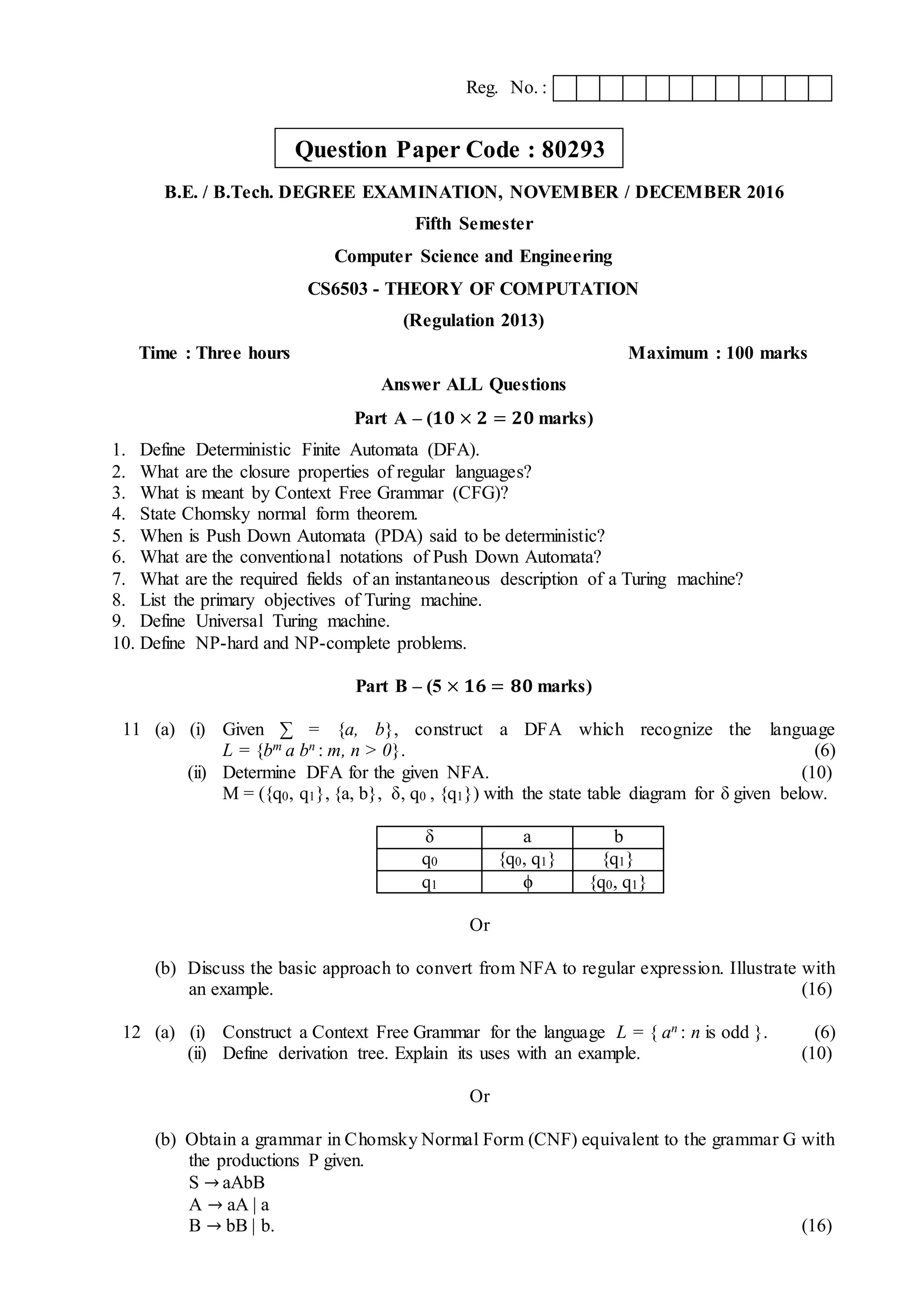 Cs6503 theory of computation november december 2016 | PDF