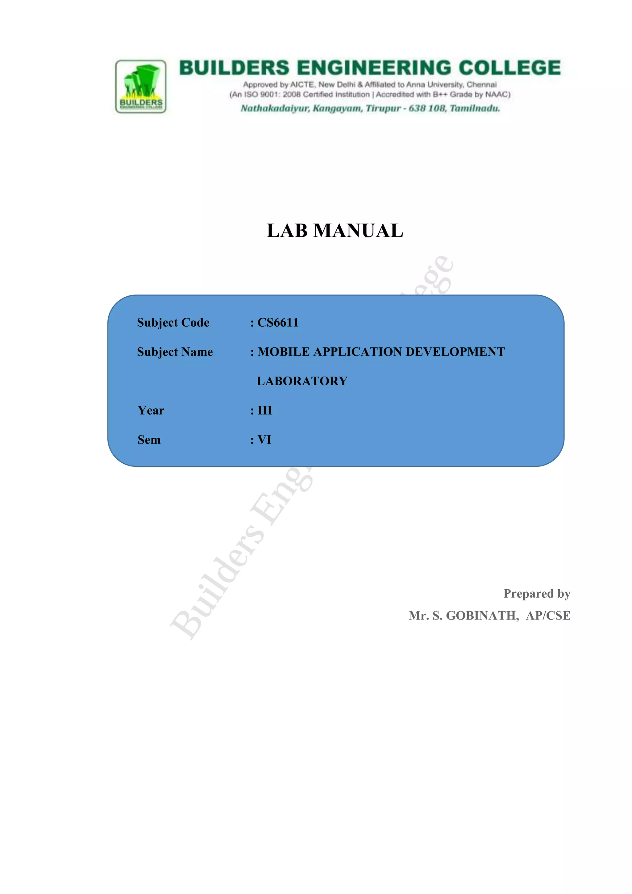 CS6611 Mobile Application Development Lab Manual-2018-19 | PDF