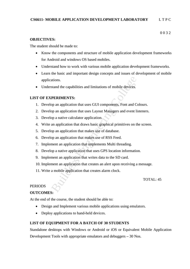 CS6611 Mobile Application Development Lab Manual-2018-19 | PDF