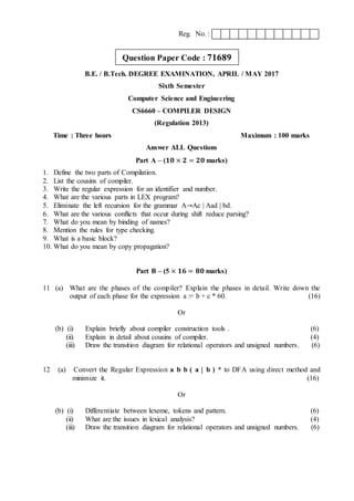 Cs6660 compiler design may june 2017 answer key | PDF