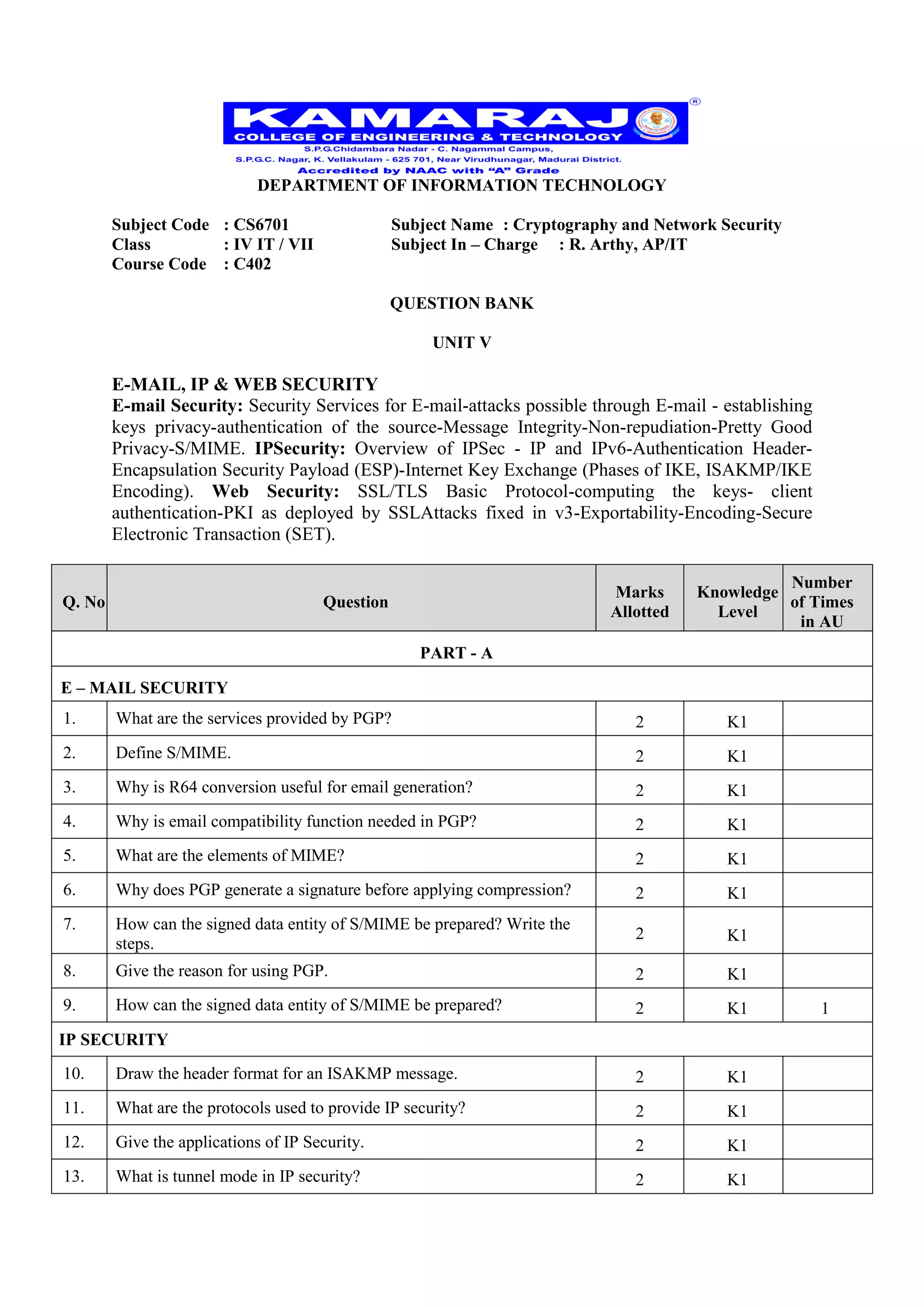 Cs6701 cryptography and network security | PDF