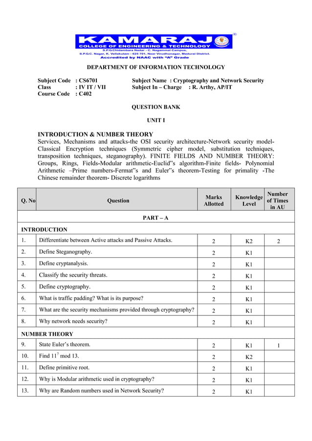 Cs6701 cryptography and network security | PDF | Information and Network Security | Computing
