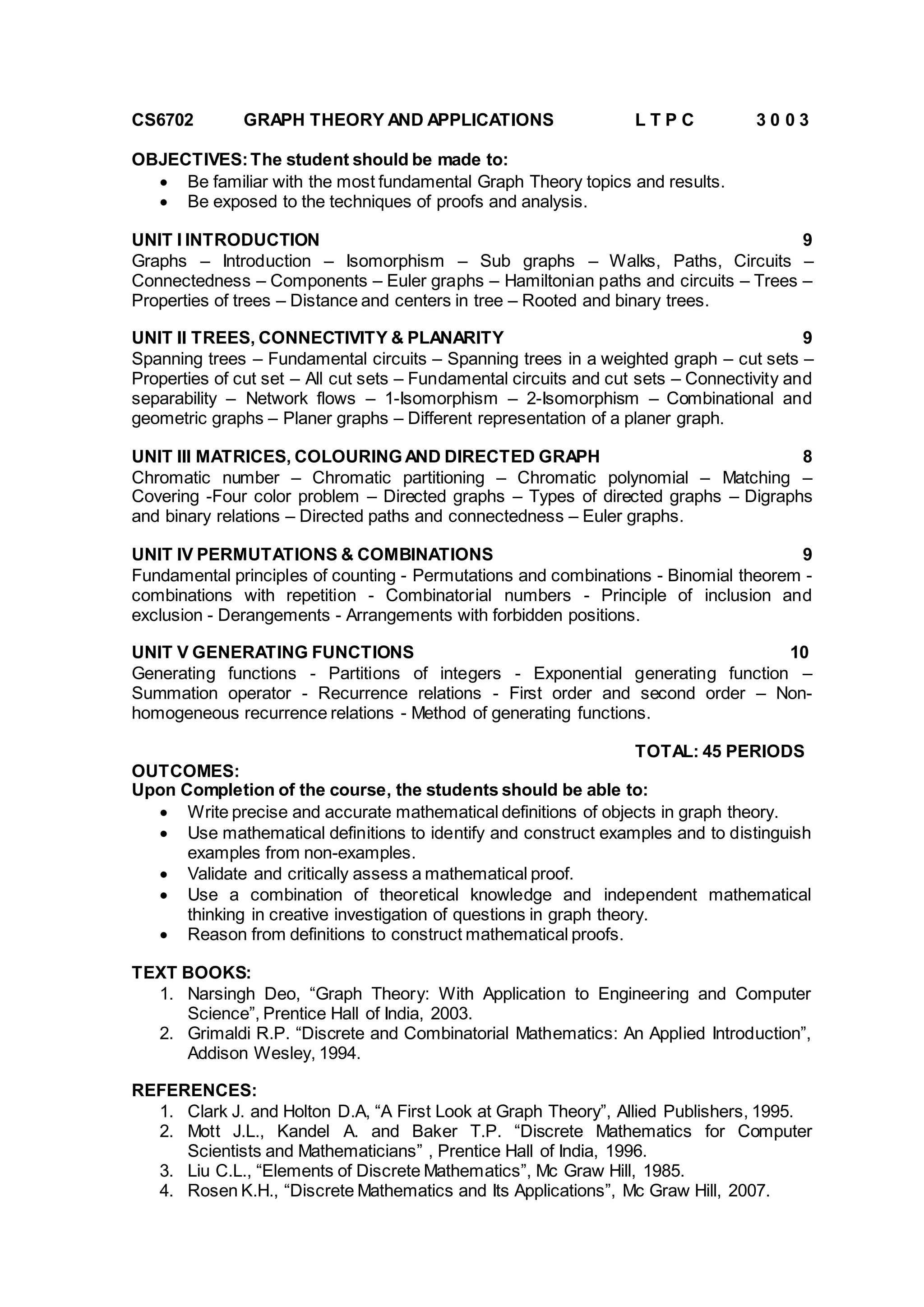 Cs6702 graph theory and applications syllabus | DOCX